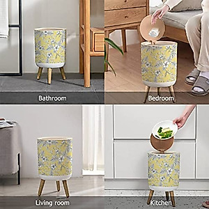 Small Trash Can with Lid Rose hips with flowers and berries seamless Graphic drawing engraving Wood Legs Press Cover Garbage Bin Round Waste Bin Wastebasket for Kitchen Bathroom Office 7L/1.8 Gallon