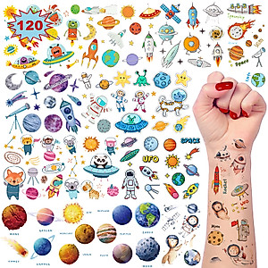 120+ Pieces Space Temporary Tattoos for Kids, 24 Sheets Planet Birthday Party Decoration, Rocketship Universe Sun Moon Tattoos Sticker for Children Boys Party Favors Supplies