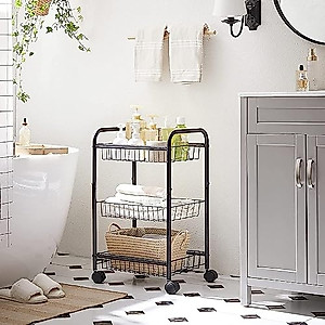 SONGMICS 3-Tier Metal Rolling Cart, Storage Cart with Removable Baskets, Utility Cart with Wheels and Handle, for Kitchen, Bathroom, Laundry Room, Black, UBSC03BK