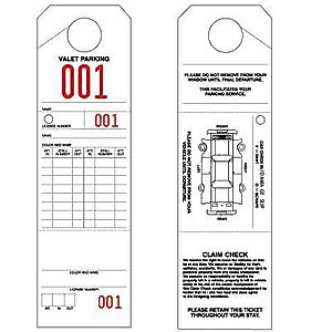 100 Tags. 3-Part Valet Parking Tags with car Diagram. Numbered and Perforated to Create Valet Claim Ticket and Hang from Rear View Mirror. Perforated cardstock Key tag.