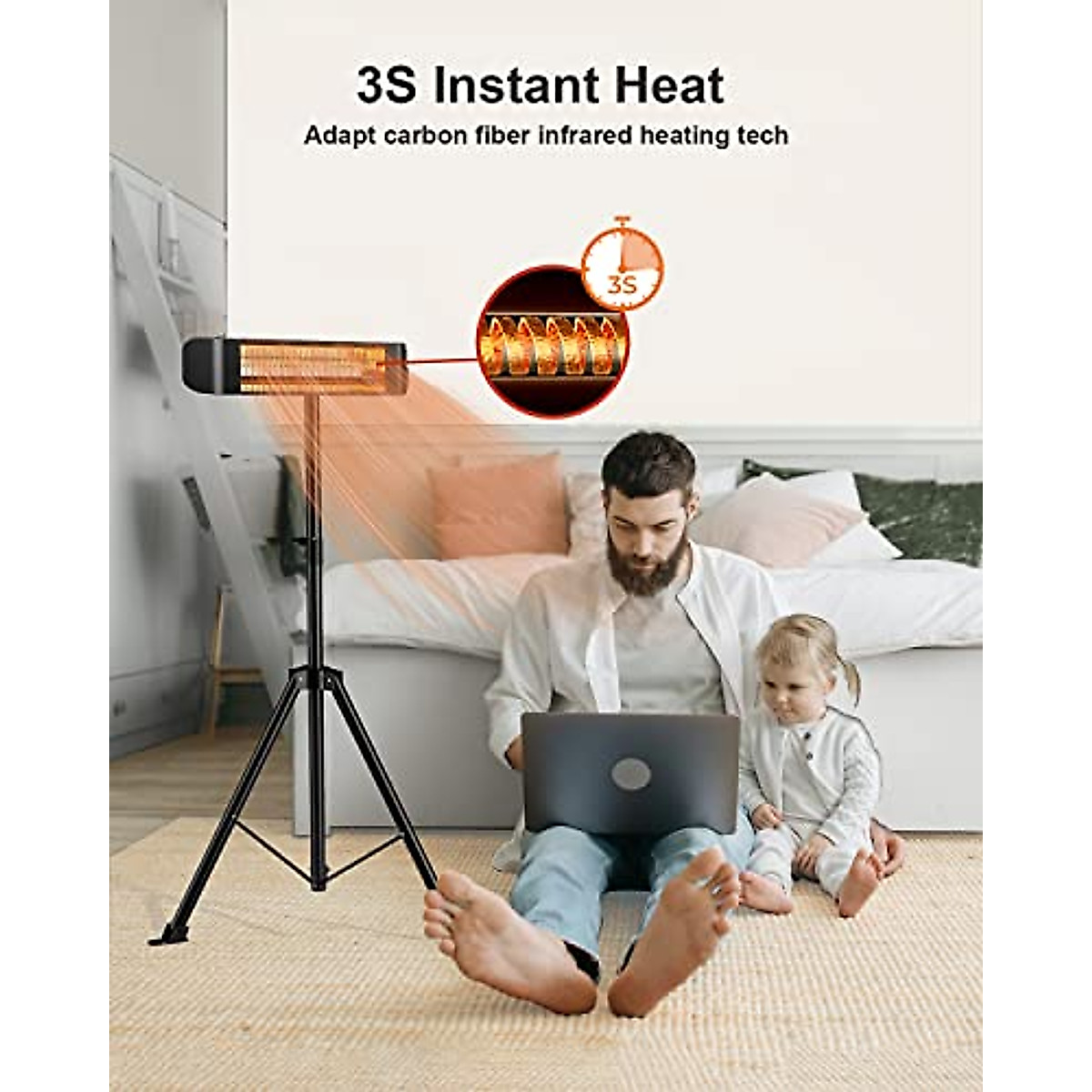 MAXOAK Infrared Patio Heater 1500W Electric Space Heater, Outdoor&Indoor Heater,IP65,Tip-over Protection,Remote Control,Stand/Wall/Ceiling Mounted for Bedroom,Balcony,Courtyard, Garage