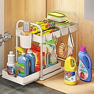 2-Tier Under Sink Organizer, PXRACK Sliding Under Bathroom Cabinet Storage Drawer Basket Organizer Rack with Hooks, Hanging Cup, Handles, Under Sink Shelf Organizer for Bathroom, Kitchen