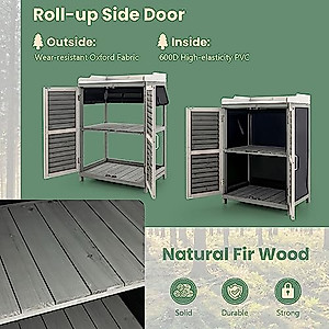 Goplus Outdoor Potting Bench Table, Garden Storage Cabinet w/Metal Tabletop, Roll-up Side Door, Solid Wood Potting Workstation for Garden, Patio, Grey