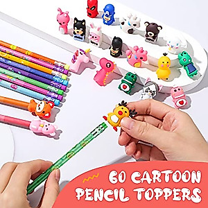 Ireer 60 Pcs Scented Pencils for Kids Animal Fruit Scent HB Graphite Pencils with 60 Pcs Cartoon Pencil Toppers Cute Pencil Cap Gift for School Office Classroom Party Reward Supplies (Bright Style)