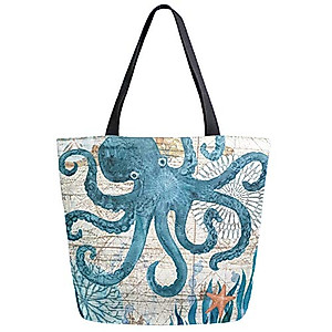 ZzWwR Vintage Nautical Octopus Starfish Old Map Print Extra Large Canvas Shoulder Tote Top Storage Handle Bag for Gym Beach Weekender Travel Reusable Grocery Shopping