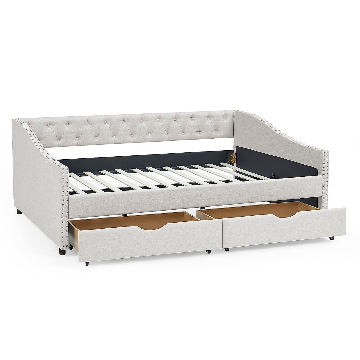 OMGO Upholstered Full Size Daybed with Two Storage Trundle Drawers, Solid Wooden Sofa Bed Frame w/Button Tufted Backrest, No Box Spring Needed, for Kids, Bedroom, Dorm