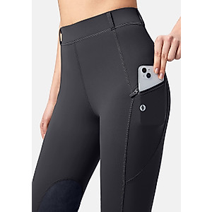 SANTINY Women's Horse Riding Pants with Zipper Pockets Knee-Patch Schooling Tights Equestrian Breeches for Women (Dark Grey_S)