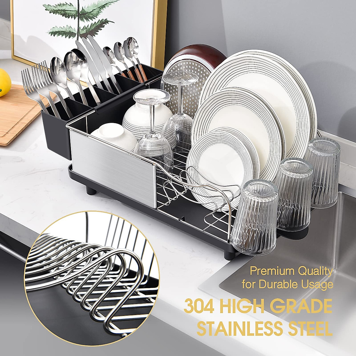 TOOLF Dish Rack,304 Stainless Steel Dish Drying Rack for Kitchen Counter, Dish Drainer for Large Capacity,Black…