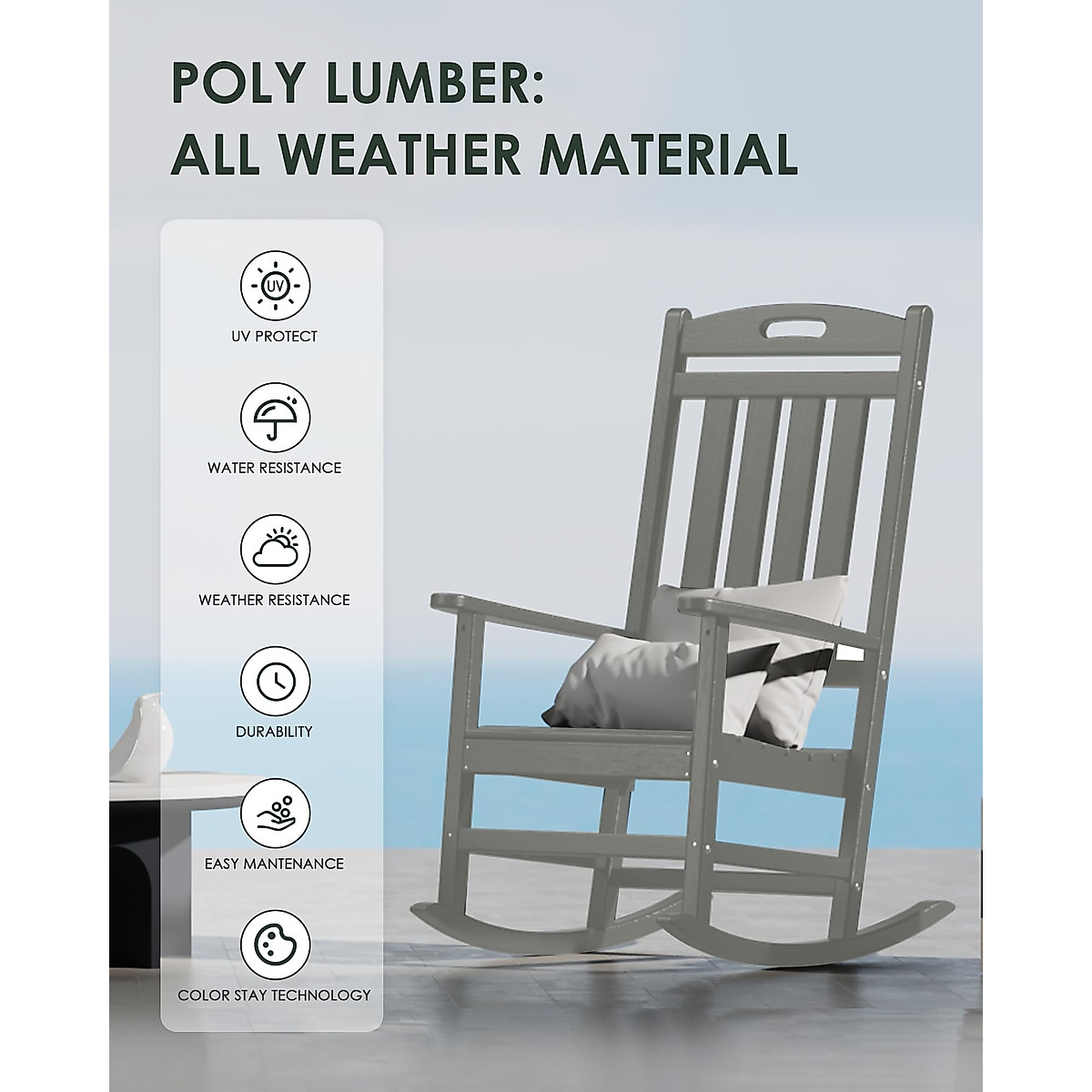 Adiromoti Outdoor Rocking Chair, All-Weather Resistant Poly Lumber Rocker Chair Outdoor, High Back Plastic Patio Rocking Chairs for Outside Porch Rocker Garden Lawn, Slate Grey