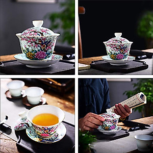 DOITOOL Ceramic Tea Cup Chinese Fu Tea Cup with Lids Hand- painted Tea Bowl Ceramic Tea Bowl Traditional Tea Ware (Flower Birds)