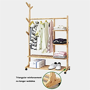 YXDFG Clothing Rack Bamboo Garment Rack,Rolling Clothes Rack,Multifunctional Bedroom Hanging Rack, 4 Layers Wardrobe Storage Shelves with Wheels 6 Hooks