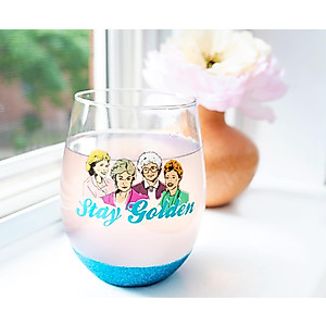 The Golden Girls "Stay Golden" Glitter Teardrop Stemless Wine Glass | Tumbler Cup For Mimosas, Cocktails | Holds 20 Ounces