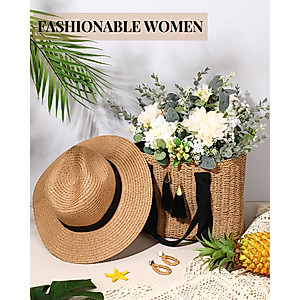 Glitopper 4 Pcs Straw Bag Woven Bag and Rattan Wicker Hat Tassel Earrings Set Summer Tote Handbag for Woman Vacation Boho Accessories