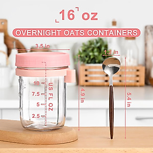 KAIZHOUZHOU 16oz Glass Mason Overnight Oats Jars, Cereal, Yogurt, Salad Lunch,Glass Overnight Oats Containers with Lids and Spoon, Container with Measurement Marks -(Yellow&Pink&White&Gray-4Pcs)