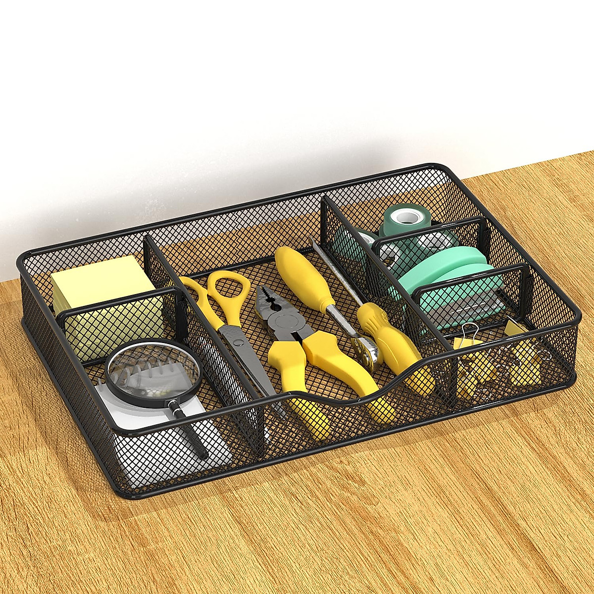 VyGrow Desk Drawer Organizer Tray, Metal Mesh Drawer Organizers Office, 6 Adjustable Compartment, Desk Organizer Tray for Home Office 12.87x8.73x1.96 inch, Black, 1 Pack