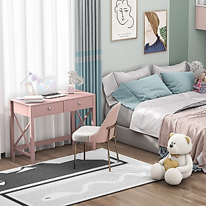 WiberWi Home Office Desk with Drawers, Modern Writing Computer Desk for Bedroom, Small Pink Makeup Vanity Table for Girls, Study Table for Home Office