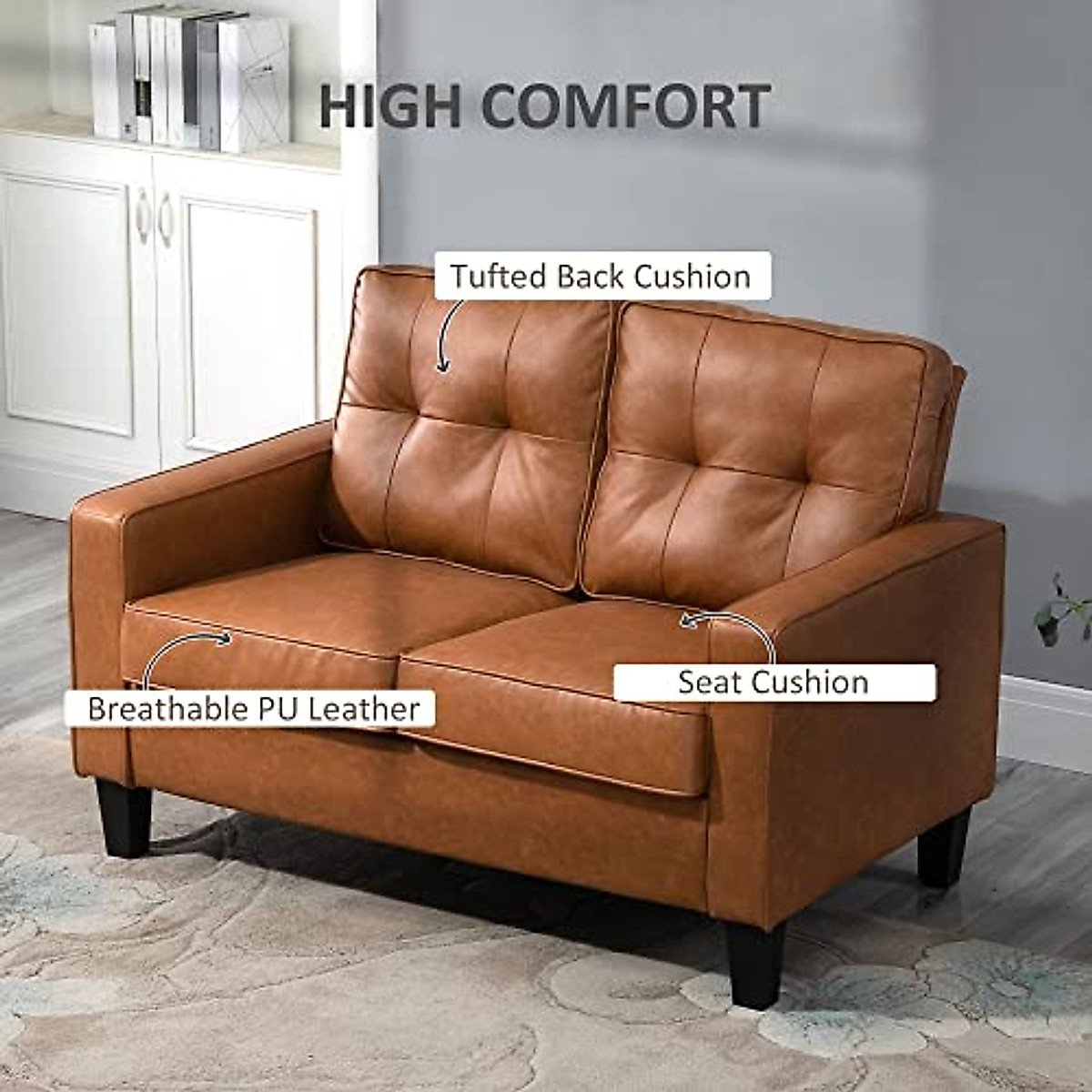 HOMCOM 51" Wide Loveseat with Armrest, 2-Seater Tufted PU Leather Double Sofa, Brown