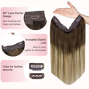 GOO GOO Wire Hair Extensions Human Hair, 3/8/613 Walnut Brown with Ash Brown and Bleach Blonde Balayage 18inch 95g, Invisible Wire Hair Extensions with Transparent, Seamless Fish Line Hairpiece