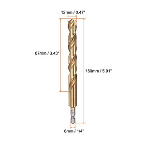 HARFINGTON 1/4" Hex Shank Drill Bit 12mm Titanium Drill Bits Set M35 High Speed Steel Twist Drill Bit 150mm Long Fully Ground for Wood, Stainless Steel, Metal, Plastic Plastic