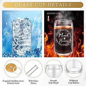 Umigy Bridesmaid Maid of Honor Glass Cup Gift Box Set of 5 Glass Cup with Lid Makeup Bag Scrunchies Hair Tie Diamond Ballpoint Proposal Gift with Raffia for Wedding (Black, White)