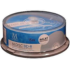15 Pack Millenniata M-Disc BD-R 25GB 4X HD White Inkjet Printable 1000 Year Permanent Data Archival/Backup Blank Media Recordable Disc