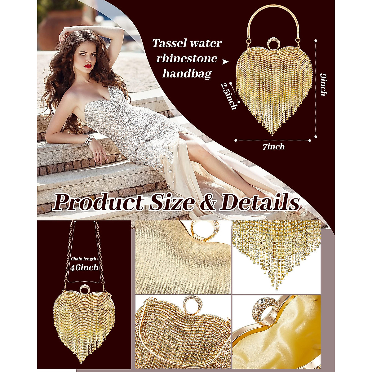 MTLEE 5 Pcs Heart Purse Rhinestone Tassel Evening Clutch Bag Valentine's Day Jewelry Set for Women Wedding Dinner (Gold)