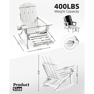 Serique Folding Adirondack Rocking Chair,4-in-1 Multifunctional Patio Chair with Retractable Ottoman, Outdoor Chair Wood Texture, Lawn Chair for Porch, Backyard, Pool(White)