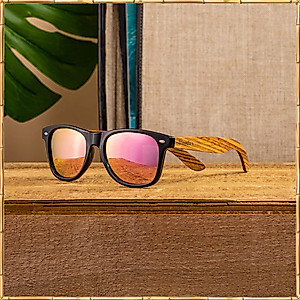 Woodies Zebra Wood Sunglasses with Pink Mirrored Polarized Lens and Real Wooden Frame for Men and Women | 100% UVA/UVB Protection