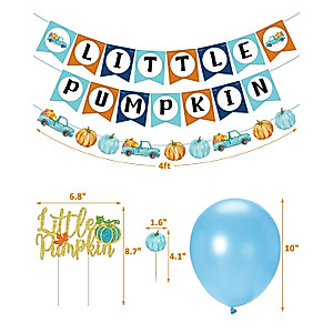 Mosailles Little Pumpkin Decorations Baby Shower Blue Pumpkin Banner Garland Gold Glittery Pumpkin Cake Toppers Latex Balloons for Fall Birthday Thanksgiving Party Decorations Supplies