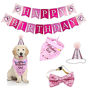 Dog Birthday Party Supplies-Dog Birthday Set with Dog Bandanas,Dog Hat，Dog Collar and Birthday Banner,Dog Party Decorations for Small Medium Large Dog Pet. (Pink)