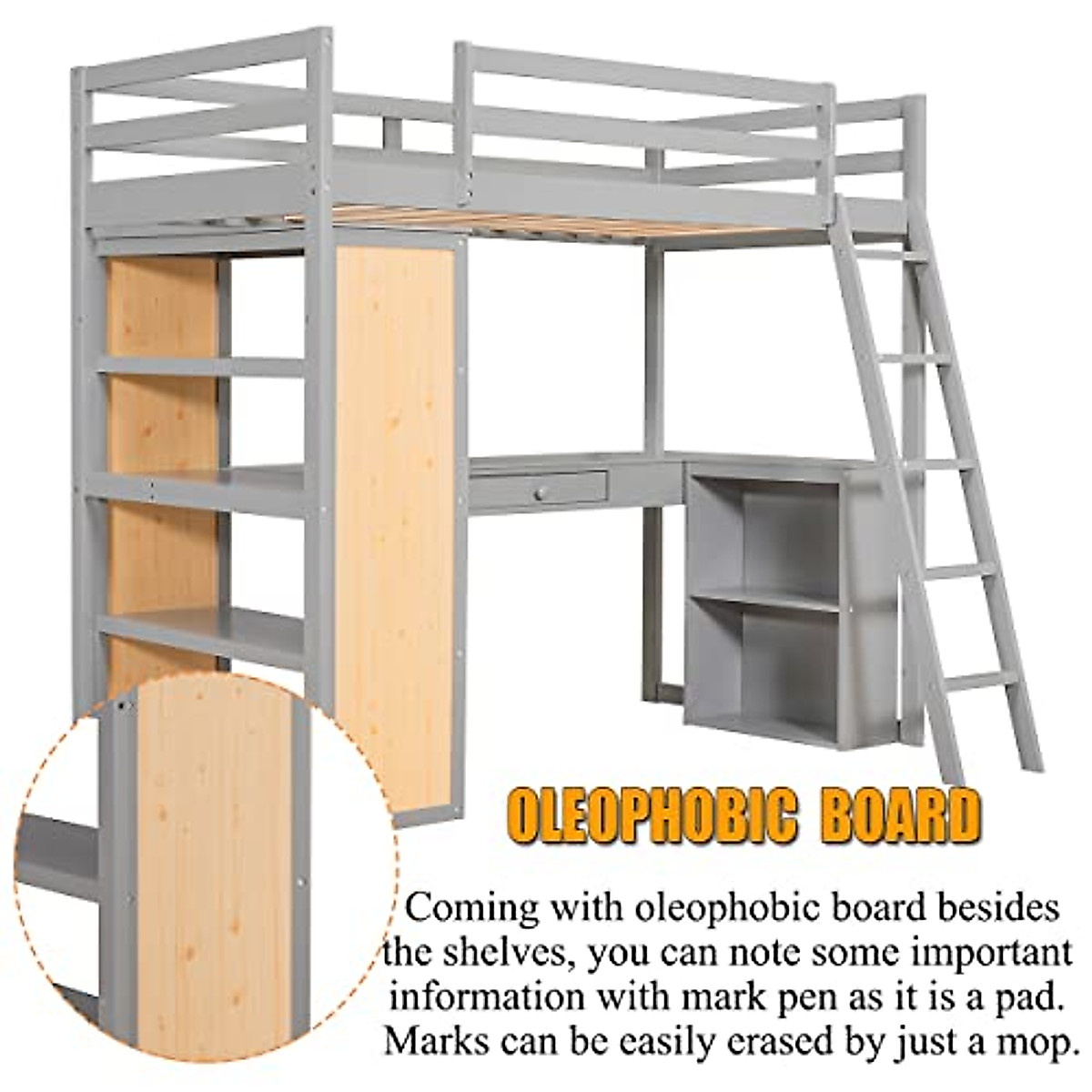 Harper & Bright Designs Loft Bed with Desk and Drawer, Wood Twin Desk,Shelves Cabinet Underneath, High Storage for Kids, Boys,Girls,Teens (Grey), Twin(Desk+Shelves+Ladder)