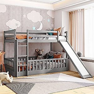 Merax Twin Over Twin Bunk Bed with Slide and Ladder, No Box Spring Needed, Gray