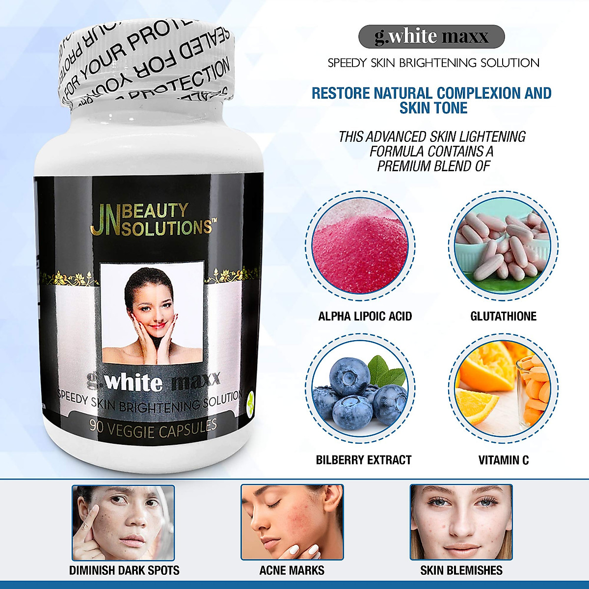Skin BRIGHTENING Supplement G.White MAXX, Increase The Immune System, Boost Anti-Oxidants and Complexion Lightening Skincare with Glutathione, Vitamin C and European Bilberry Extract.