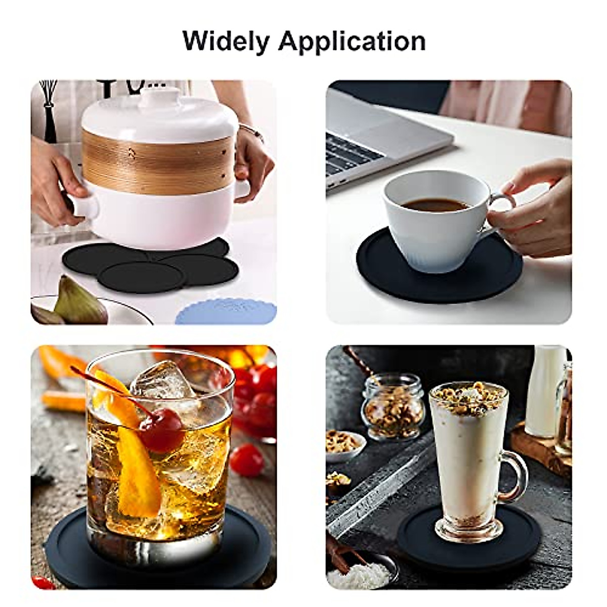 Coasters for Drinks-Anti-Slip Durable Reusable Drink Coasters Set,Non Slip Cup Coasters Silicone Coasters Fit Coffee Table Desk Beverage Bar Protect Desk from Heat and Scratch Damage(4 Pack,Black)