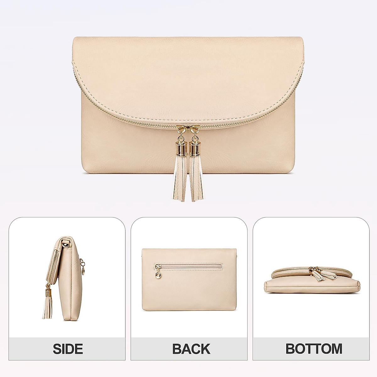 Solene Women's Envelop Clutch Crossbody Bag With Tassels Accent (WU075-Nude)