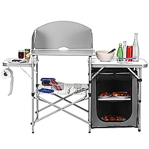 Goplus Camping Kitchen Table, Portable Outdoor Cooking Table with Storage, 26'' Tabletop, Detachable Windscreen, Camp Cook Station, Folding Grill Table for Tailgating BBQ Picnic Backyard Beach RV
