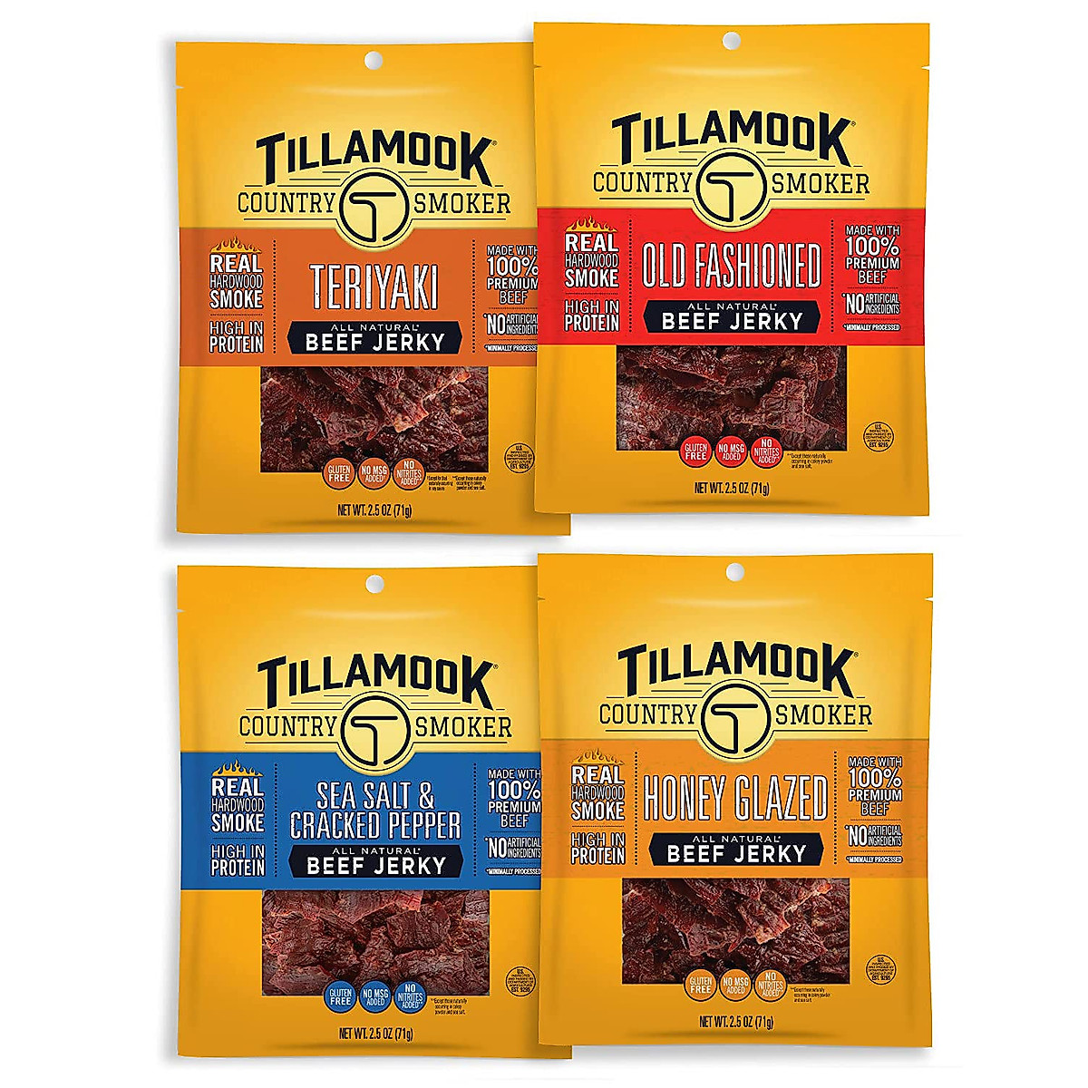 Tillamook Country Smoker Real Hardwood Smoked Beef Jerky Variety Pack, 2.5 Ounce (Pack of 4)