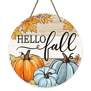 Deroro Hello Fall Pumpkin Patch Sign for Front Door Decor, Autumn Maple Leaves Rustic Wood Door Hanger for Outdoor Outside Porch, Farmhouse Thanksgiving Wooden Wreath Indoor Wall Hanging Decoration