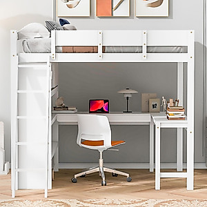 Ball & Cast Full Size Loft Bed with Stair & Safety Guardrail,Solid Wood Bedframe W/Desk & Storage Shelves,Space-Saving,Easy Aseembly,Multifunctional Furniture for Boys Girls Teens Adult Bedroom,White