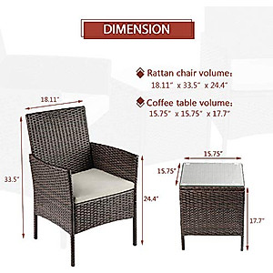 Cemeon 3-Piece Patio Bistro Set Outdoor Conversation Set, Brown Wicker Porch Chairs Set Garden Furniture with Coffee Table (Beige Cushion)