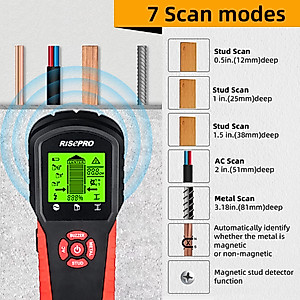 Stud Finder Wall Scanner, RISEPRO 7 in 1 Electric Multifunctional Stud Sensor Beam Finders, Wall Detector Center Finding with Large LCD Display and Audio Alarm for Wood, Studs, Metal, AC Wire