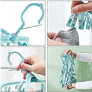 Radefasun Clip and Drip Hanger with 32 Clips Plastic Swivel Hook Portable Folding Drying Rack Baby Clothes Hanger Foldable Travel Accessories for Socks Bras Lingerie Towels Underwear Gloves Blue