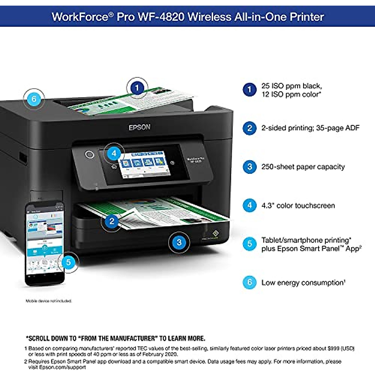 Epson Workforce Pro WF-4820 Wireless All-in-One Color Inkjet Printer, Print&Copy&Scan&Fax, Duplex Printing, 35-Page ADF, 25ppm, Mobile Print, 4.3" Color TS, Wi-Fi, Ethernet, Lanbertent Printer Cable