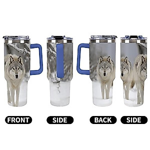 40 Oz Vacuum Tumbler with Deep Blue Handle Leakproof Insulated Tumbler Two Wolves Walking in The Snow Stainless Steel Travel Mug with Lid And Straw Coffee Cup Cute Water Bottles Cup Holder Friendly