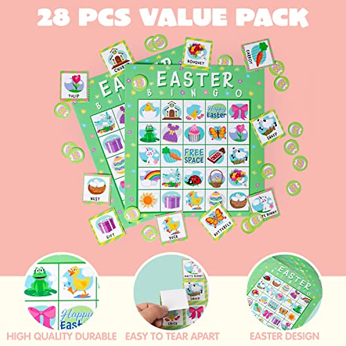 JOYIN 28 Players Easter Bingo Cards (5x5) for Easter Party Goodies Games, Kids School Classroom Gift, Indoor Family Activities, Basket Filler Stuffers.