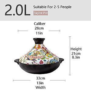 2L Ceramic Tagine Pot Moroccan Tajine Cooking Pot Cookware with Cone-Shaped Closed Lid for Stew Casserole Slow Cooker (Large, Hand Made)