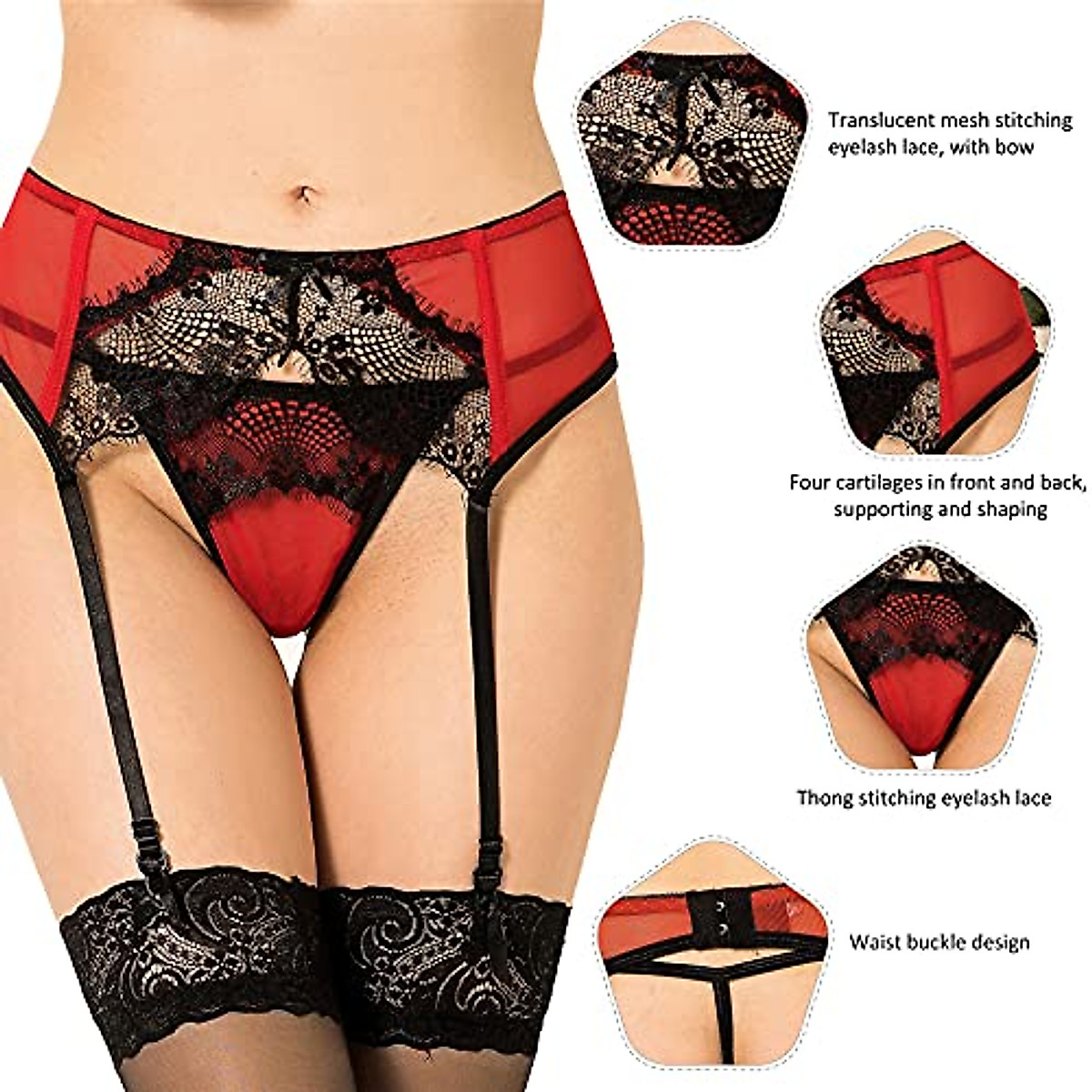 Women Lace Garter Belts Plus Size Suspender Belt Set with 4 Adjustable Straps for Thigh High Stockings