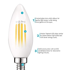 LUXRITE 5W Frosted E12 LED Bulb 60W Equivalent, 2700K Warm White, 450 Lumens, Dimmable Candelabra LED Bulbs, Torpedo Tip Glass, LED Candle Light Bulbs, UL Listed (6 Pack)