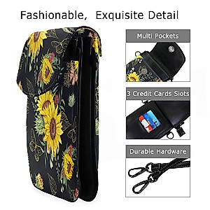 MNSRUU Leather Crossbody Bag Gold Butterflies And Sunflower Cell Phone Pouch Wallet with Credit Card Slots Small Shoulder Bag with Strap for Women