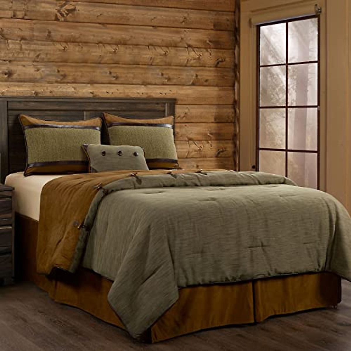 Paseo Road by HiEnd Accents | Highland Lodge Rustic Bedding 5 Piece Super King Size Comforter Set, Green Brown Jacquard Western Bedding, Cabin Comforter Set with Bed Skirt, Shams, Accent Pillow